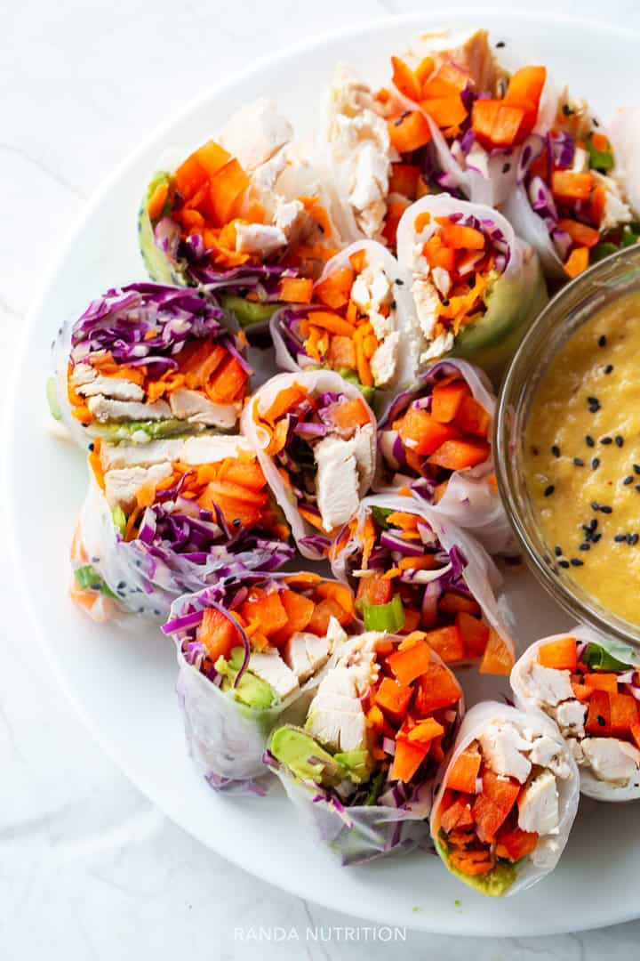Rainbow Spring Rolls Recipe with Pineapple Dip | Randa Nutrition